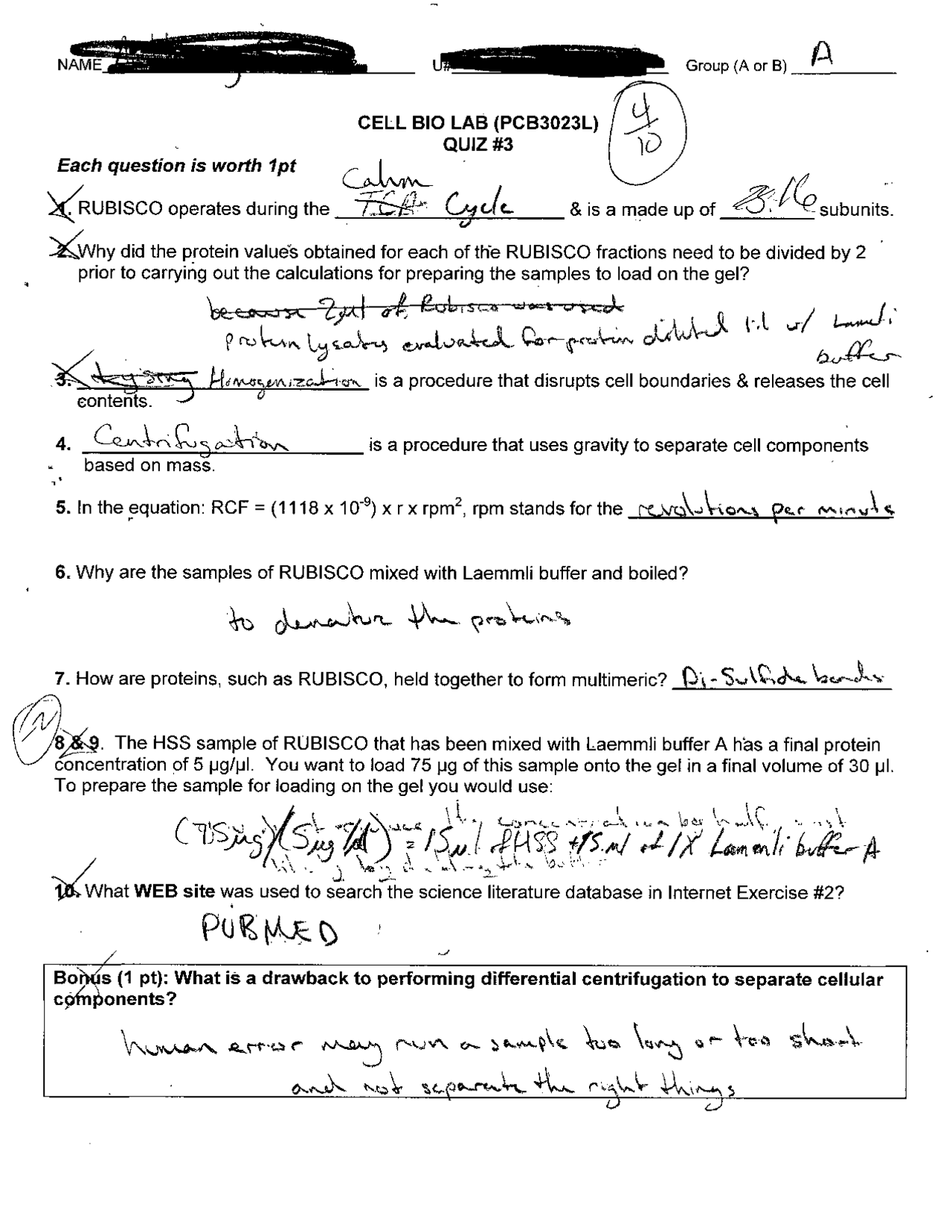 Cell Biology Lab Quiz 3 With Corrections Pcb 3023 Docsity