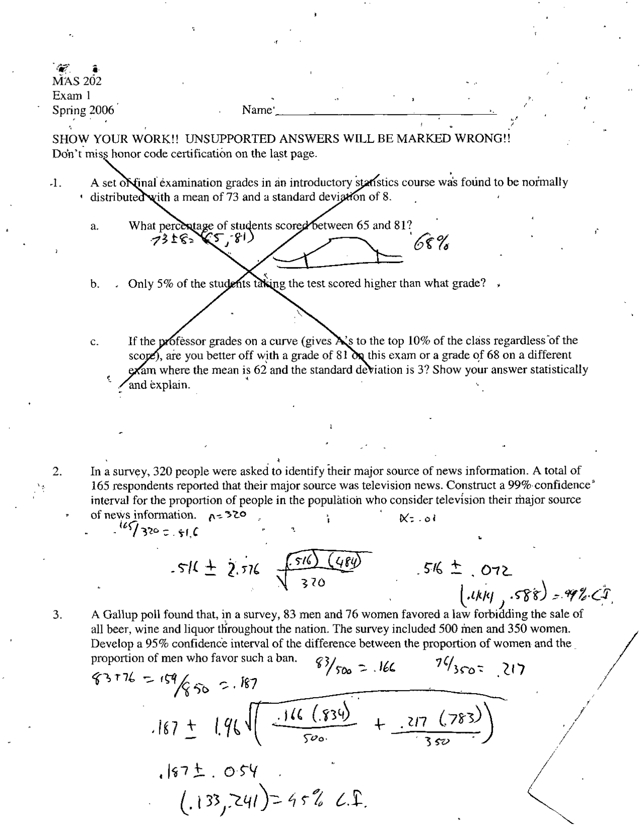 Exam 1 With Solution Key For Intermediate Business Statistics Mas 202