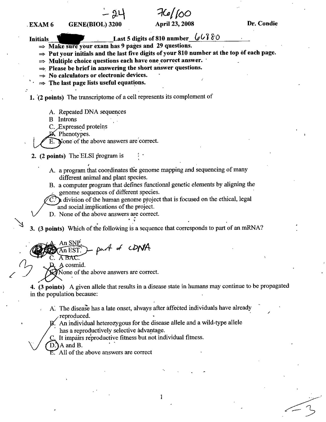 Practice Exam 6 On Genetics Spring 2008 Gene 3200 Docsity