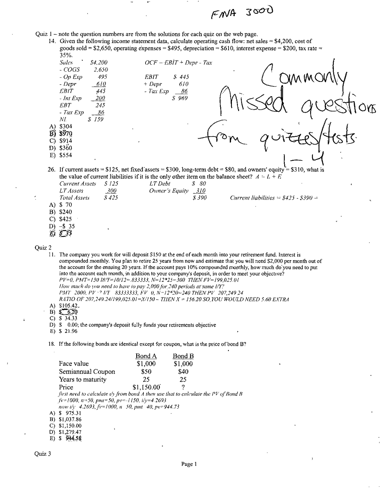 Quiz 1 With Solutions Financial Management Fina 3000 Docsity