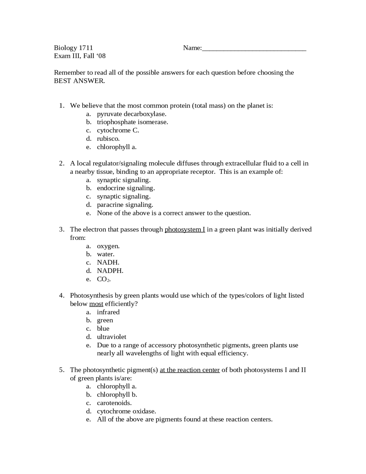 Honors Principles Of Biology I Quiz 3 With Questions Biol 1711