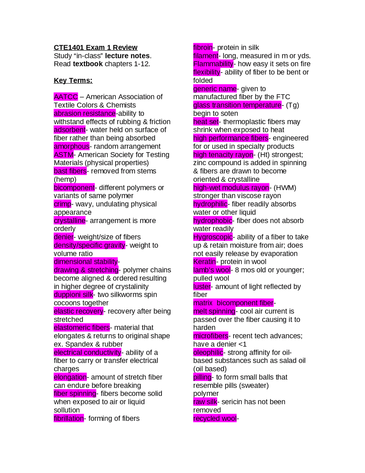 Introduction to Textile Sciences Key Terms Review | CTE 1401 - Docsity