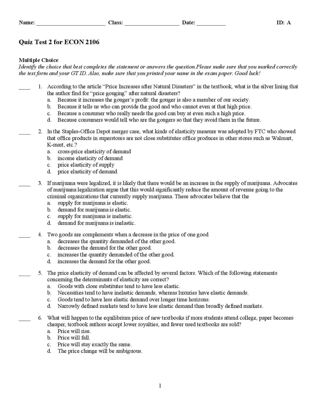 Quiz Test 2 With Answer Key Principles Of Microeconomics Econ 2106