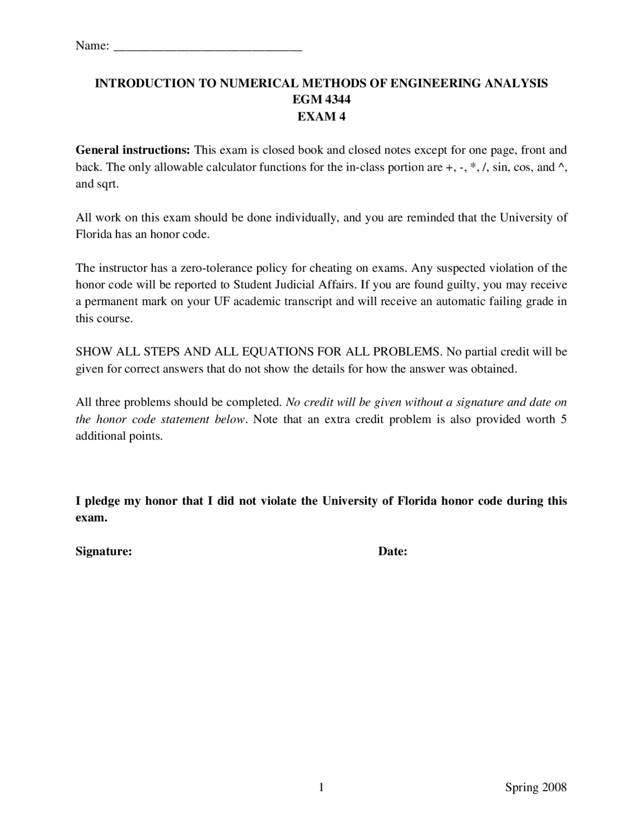 Introduction to Numerical Methods of Engineering Analysis - Exam 4 ...