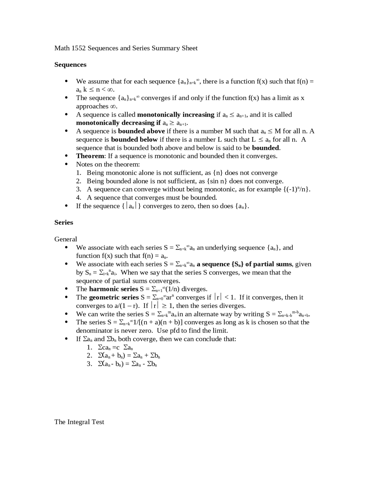Sequence and Series - Summary Sheet | MATH 1552 - Docsity