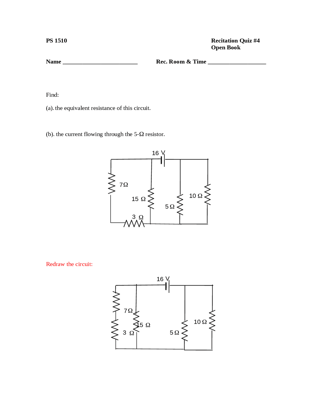 Recitation Quiz #4 for PS 1510: Finding Equivalent Resistance and ...
