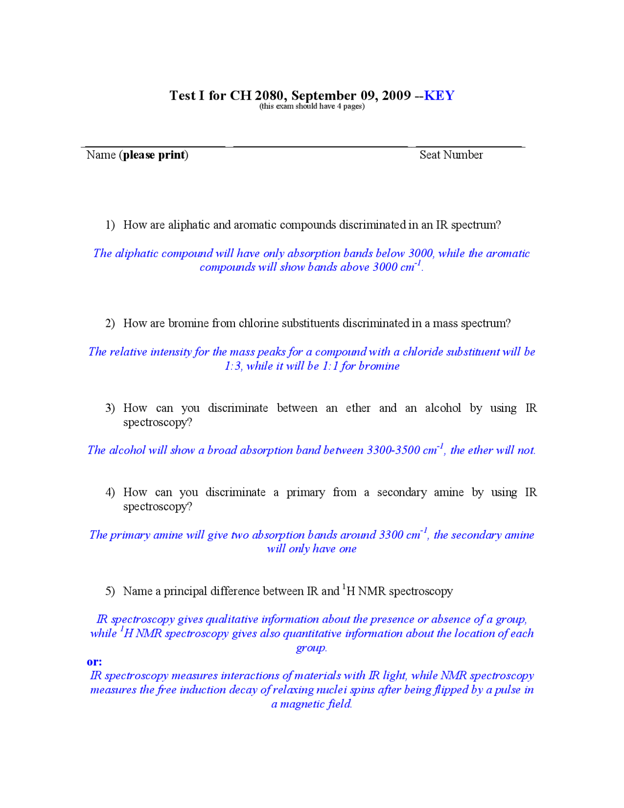 Chemistry Exam With Solutions Organic Chemistry Ii Chem 2080 Docsity