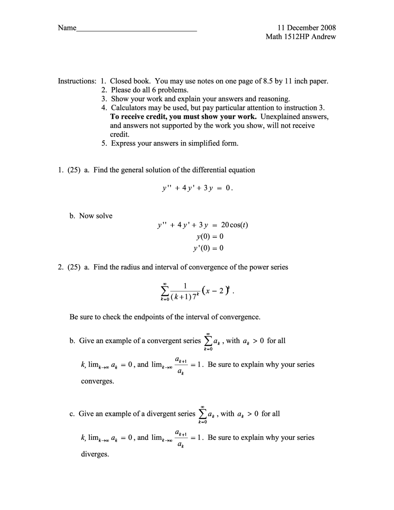 Final Examination Questions Honors Calculus Ii Math 1512 Docsity
