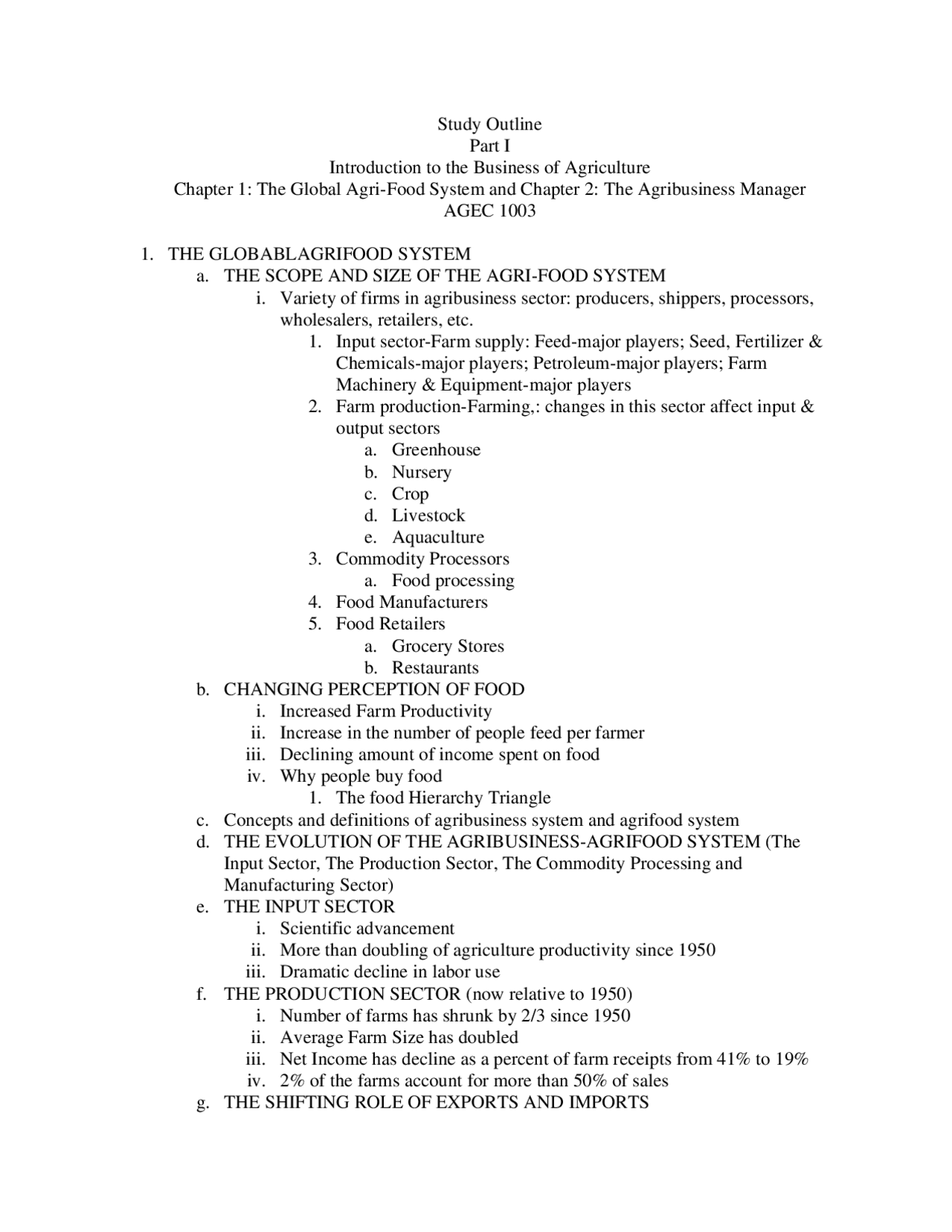 Introduction to Agricultural Business - Study Outline | AGEC 1003 - Docsity