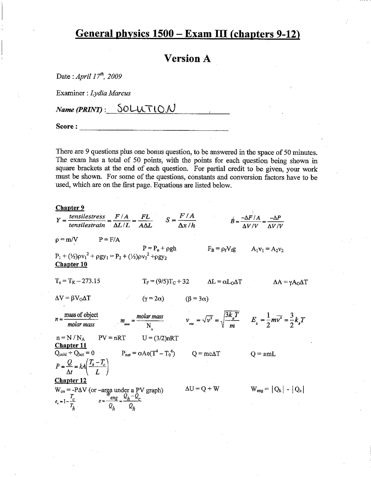 Midterm Exam 3a With Answer Key General Physics I Phys 1500 Docsity