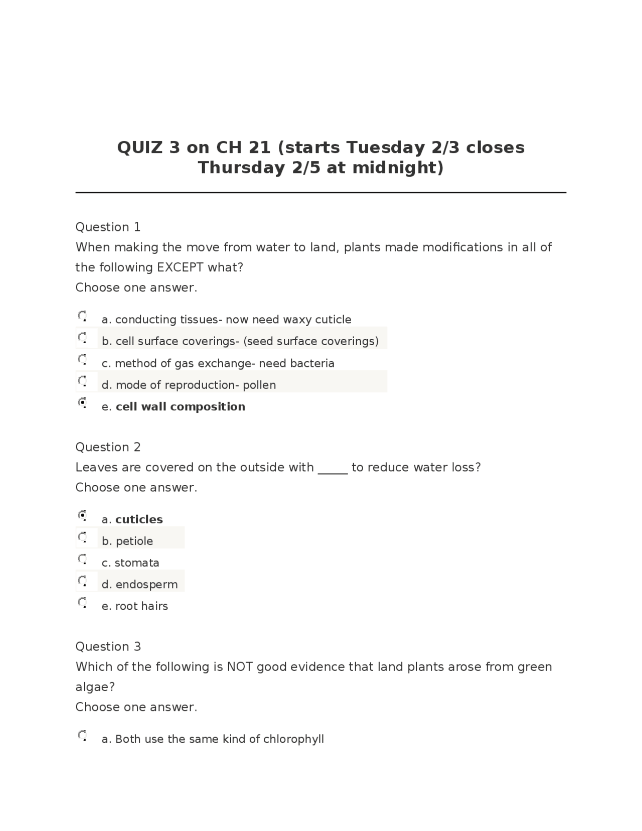 Quiz 3 Solutions General Biology Biol 1001 Docsity