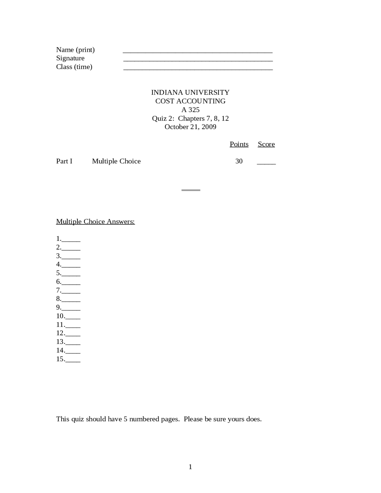 Sample Quiz 2 With Solutions For Cost Accounting Bus Docsity