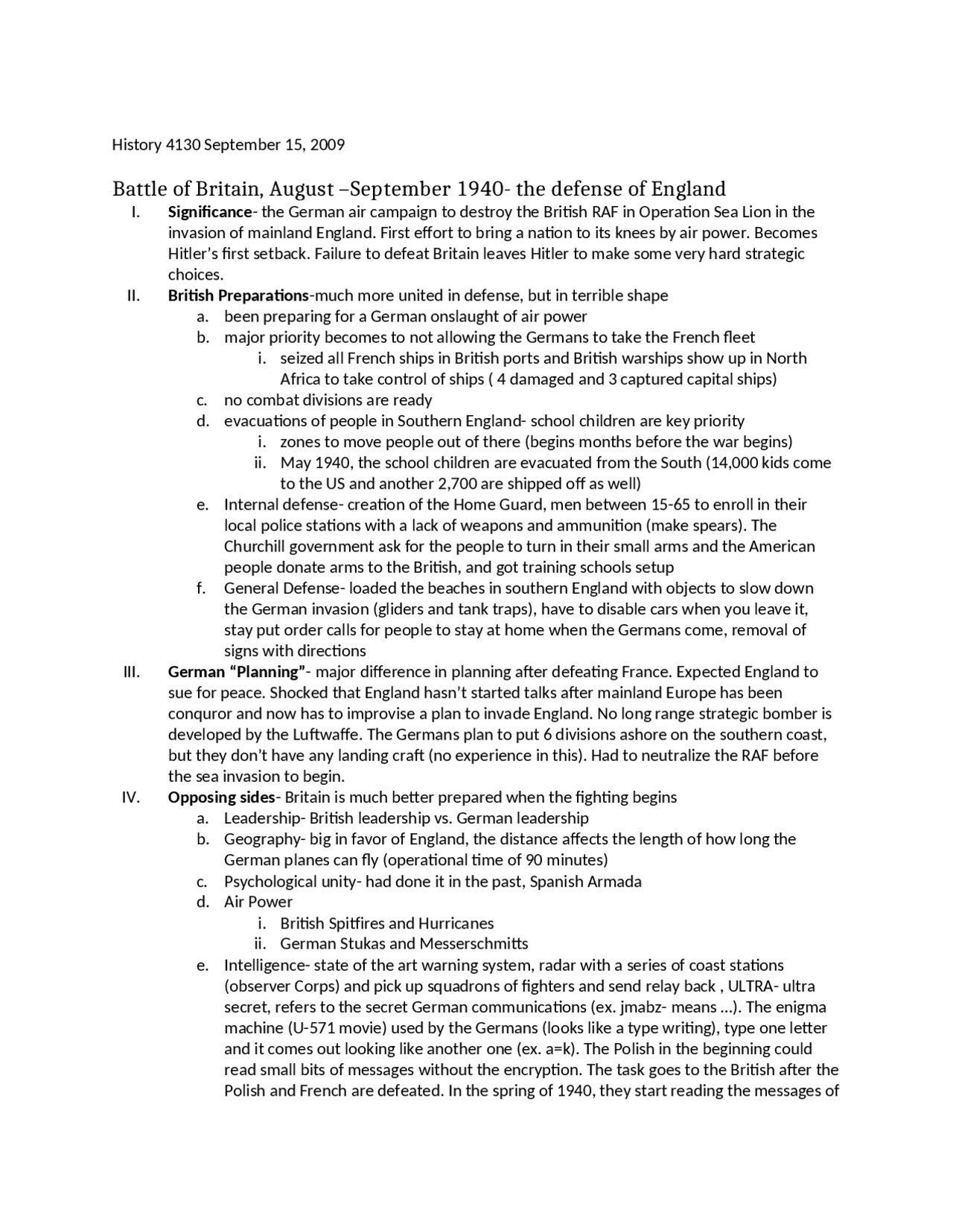 Battle of Britain - World War II - Notes | HIST 4130 - Docsity