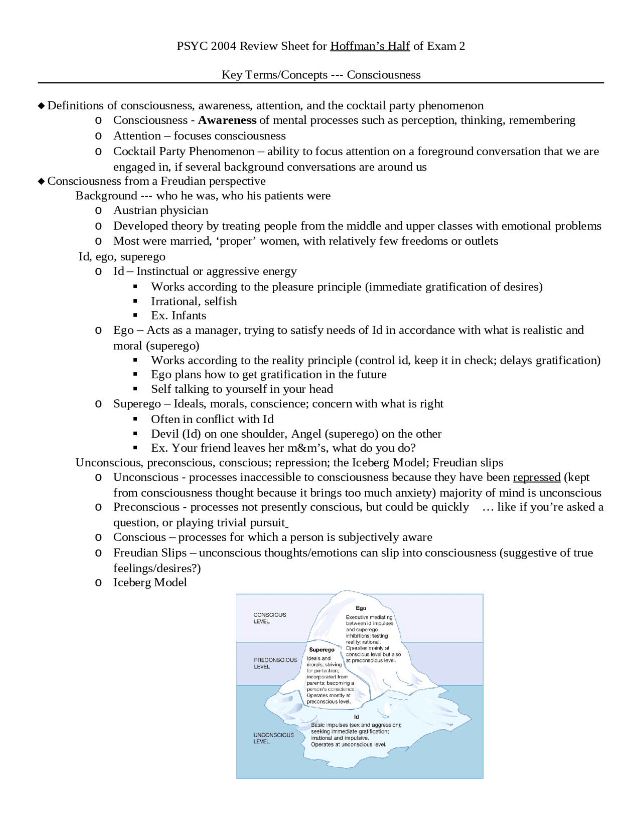 Introductory Psychology Review Sheet For Exam 2 Hoffmans Half