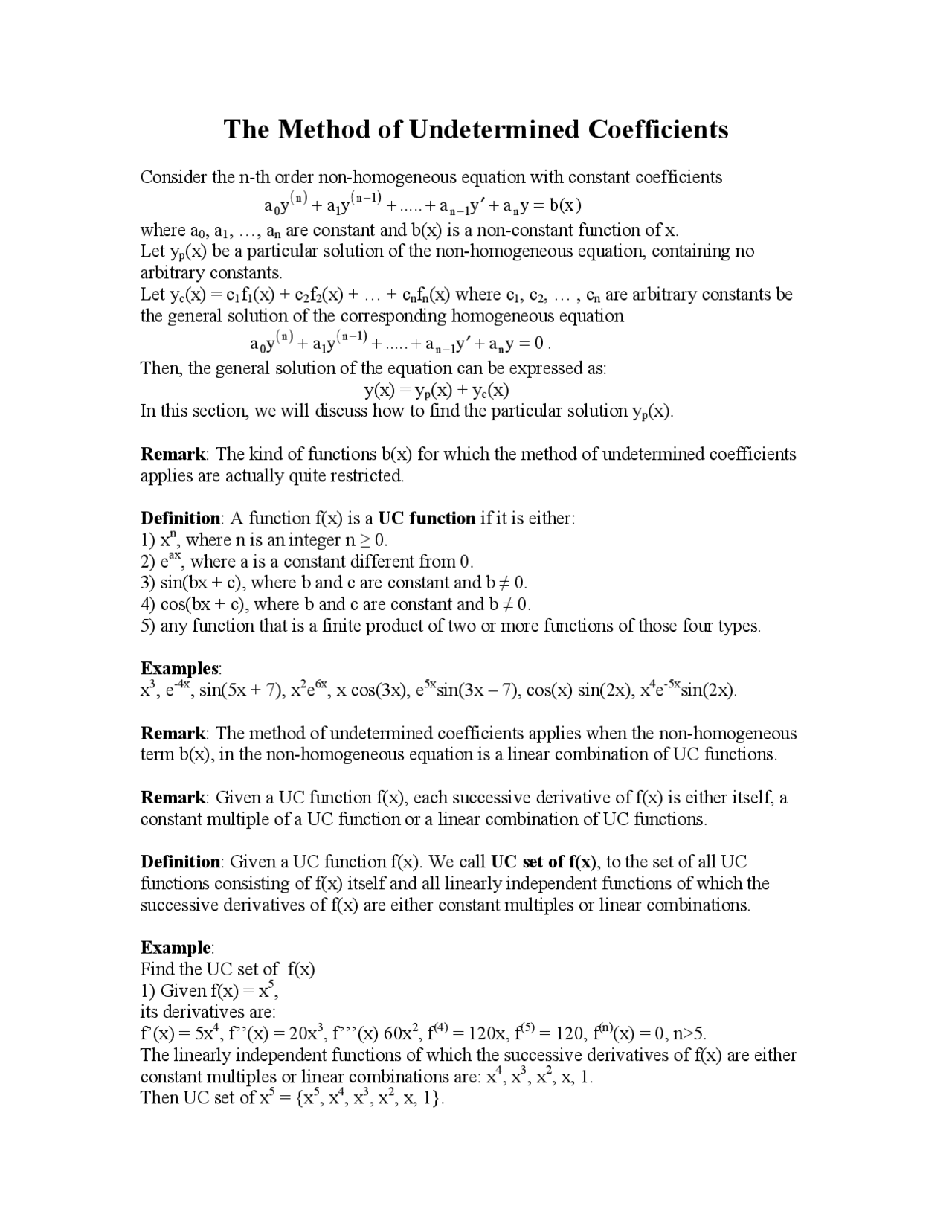 The Method Of Undetermined Coefficients Notes M 427k Docsity