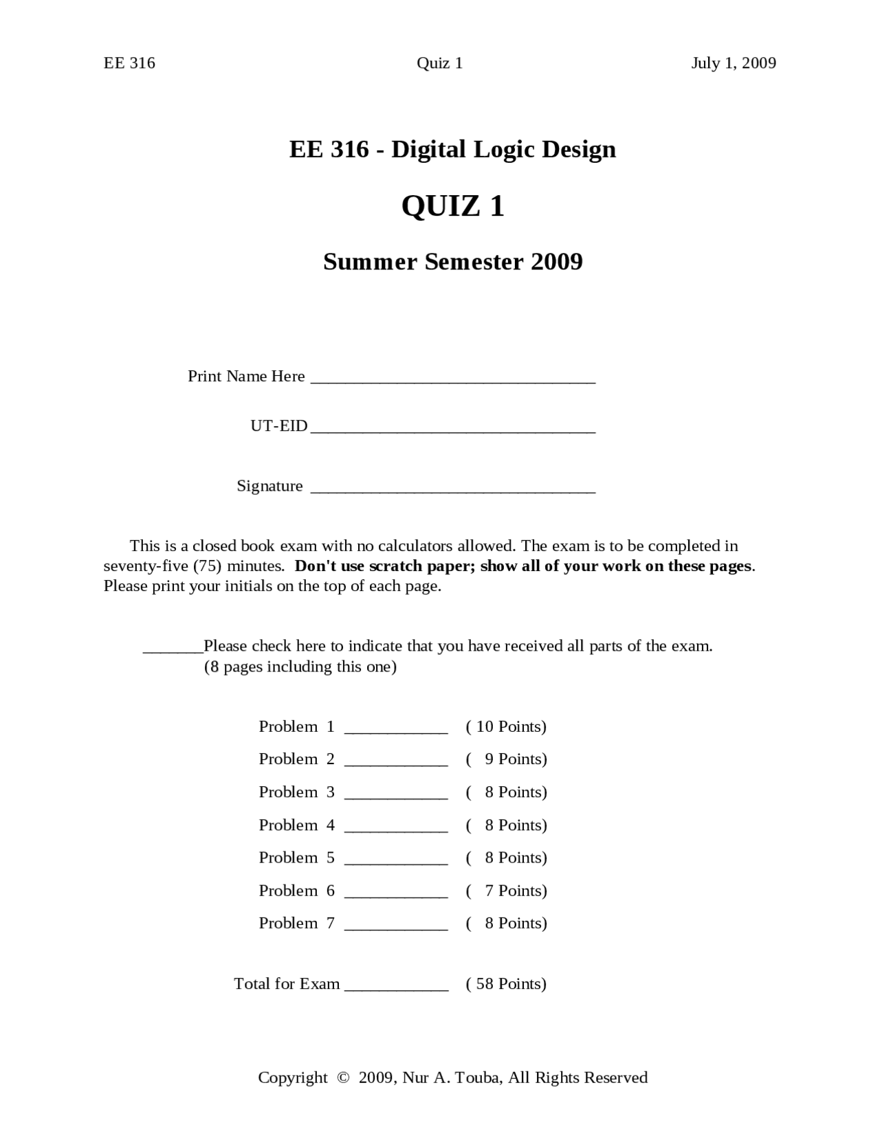 Digital Logic Design Quiz 1 Summer 2009 E E 316 Docsity