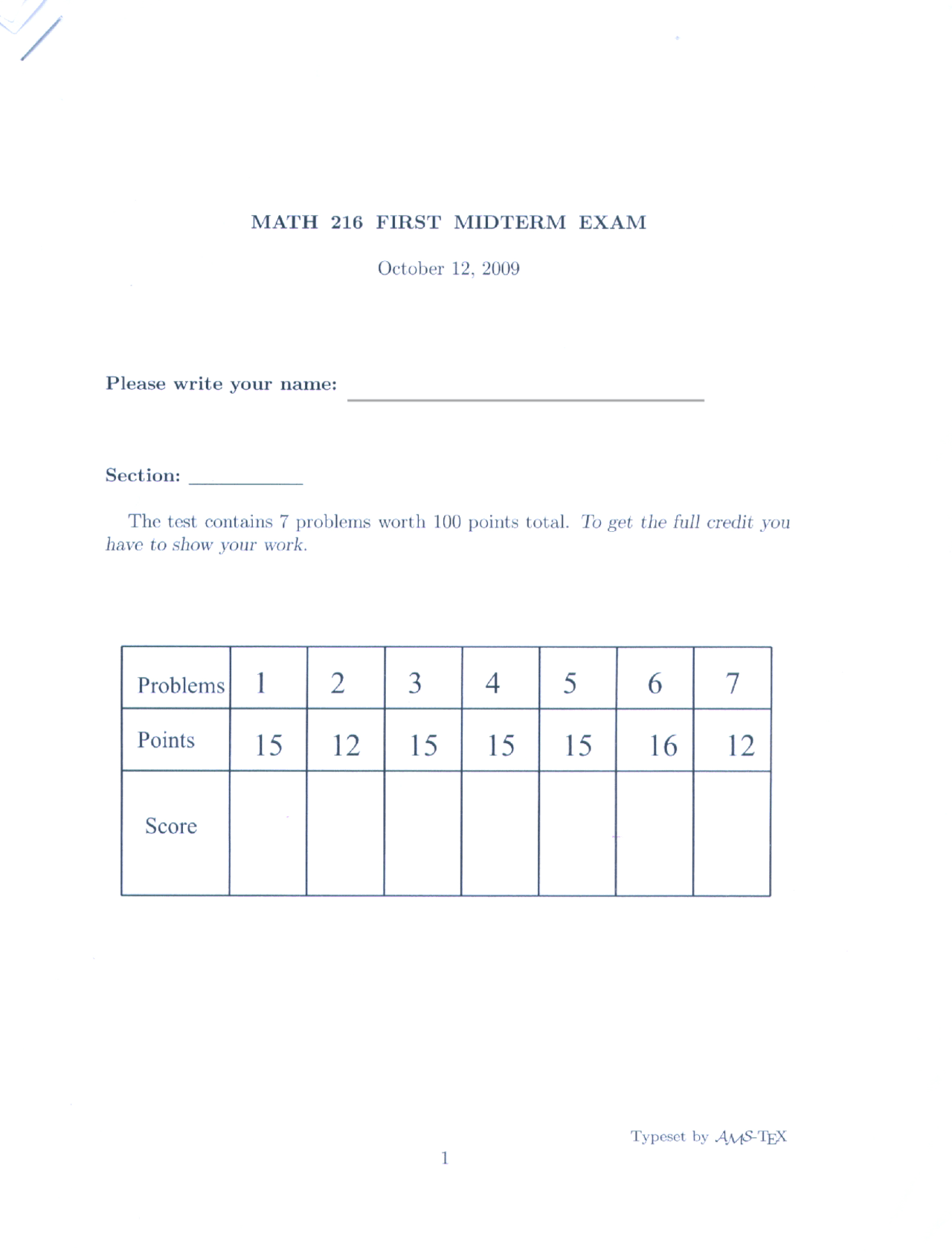 Midterm Exam 1 Introduction To Differential Equations Math 216 Exams Differential