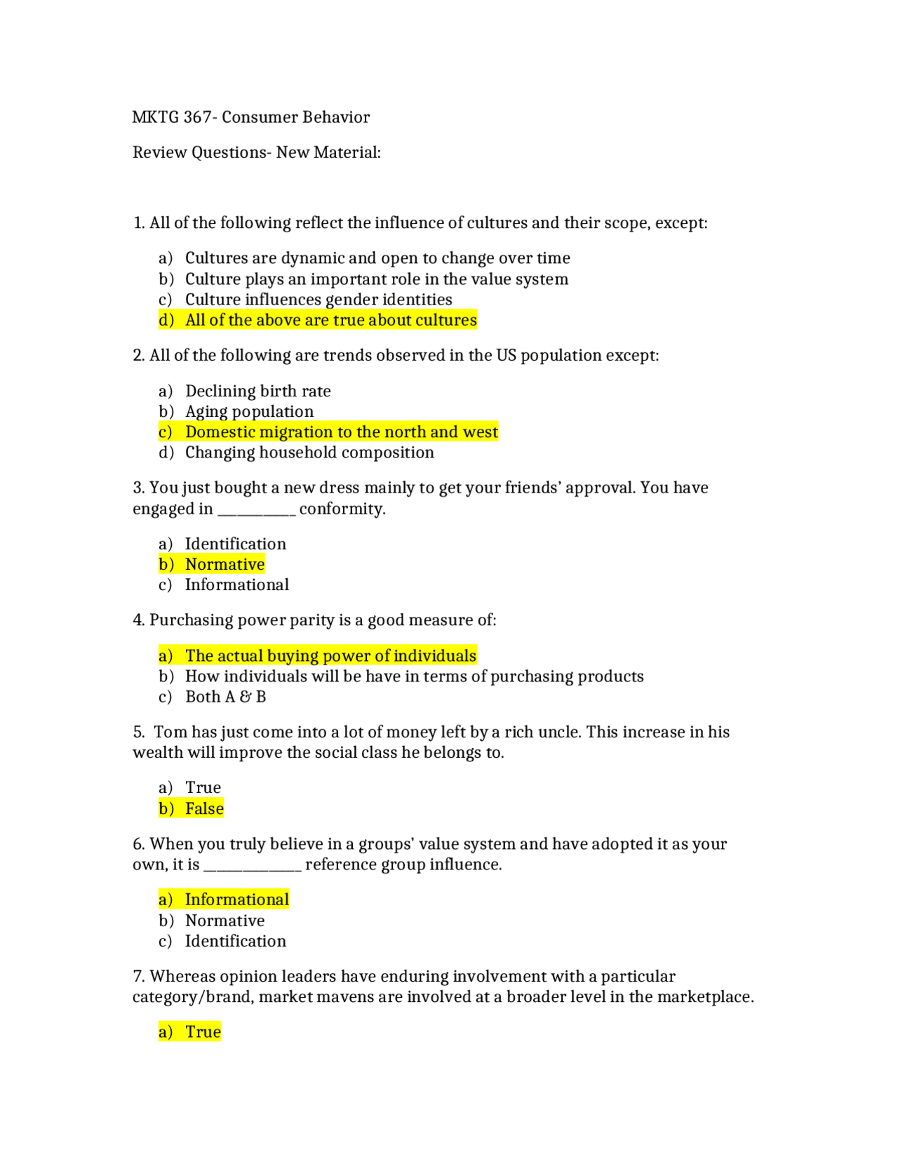 Review Questions New Materials Consumer Behavior Mktg 367 Docsity
