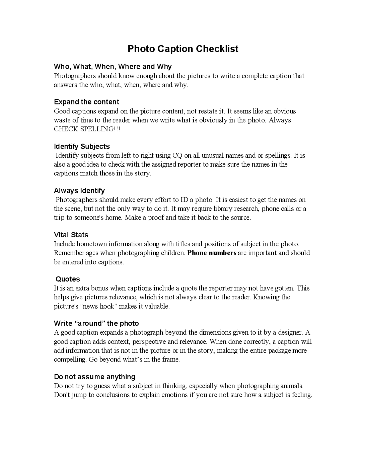 Photo Caption Checklist - Review Sheet | JRN 220 - Docsity