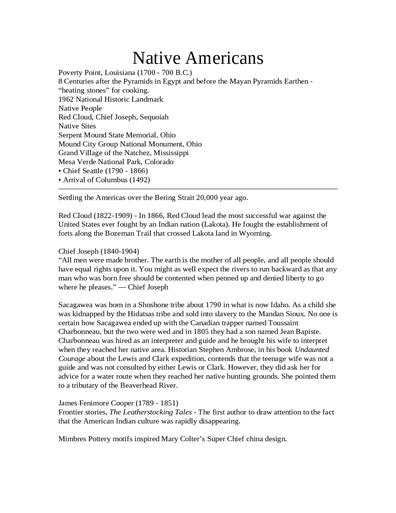 Outline: Native Americans, View Americans Landscape | LA 1203 - Docsity