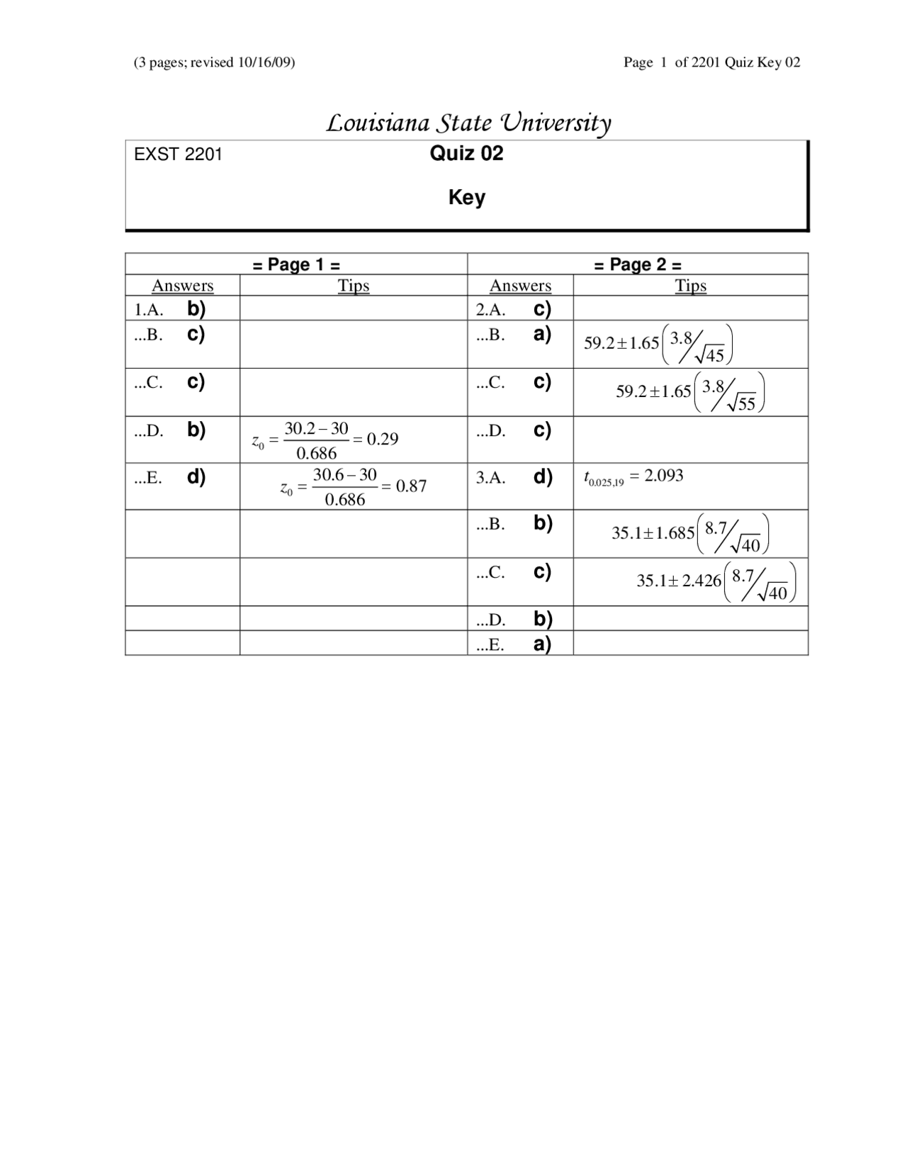 Quiz 2 Answer Key Statistical Analysis Exst 2201 Quizzes