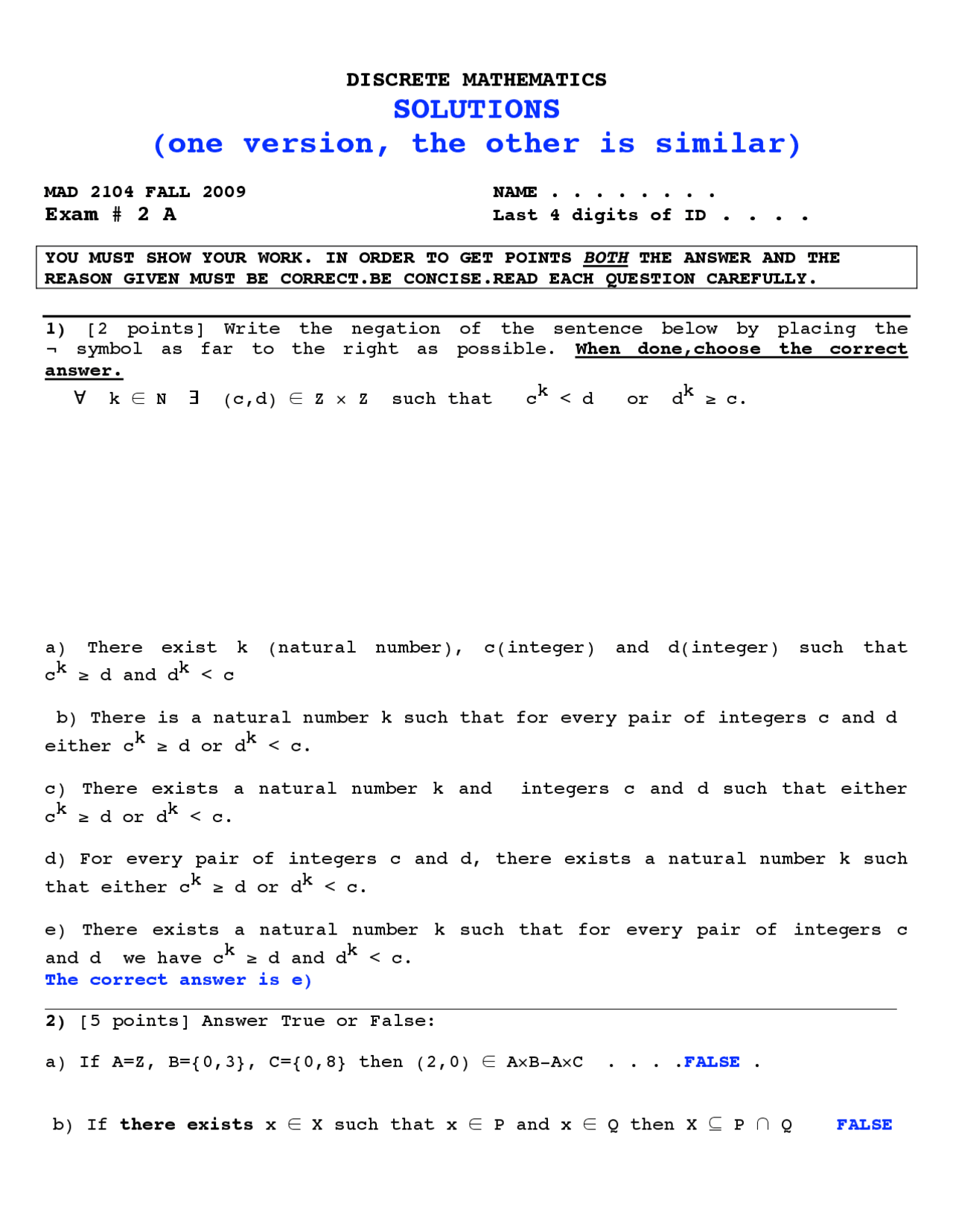 Resolution Of Practice Exam 2a Honors Discrete Mathematics Mad 2104