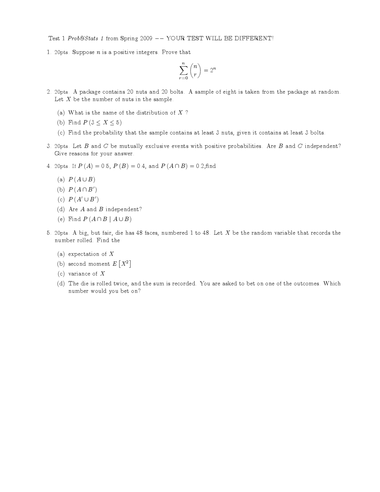 5 Questions on Probability and Statistics 1 - Practice Test 1 | STA ...