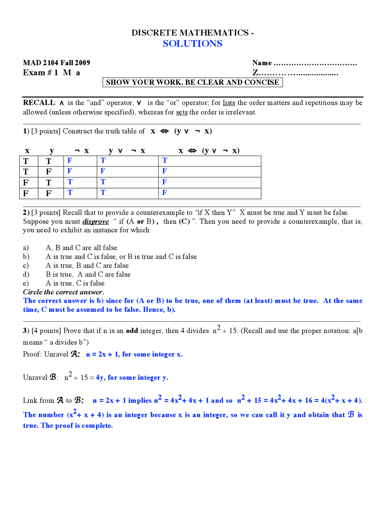 Exam 1m With Solution Honors Discrete Mathematics Fall 2009 Mad