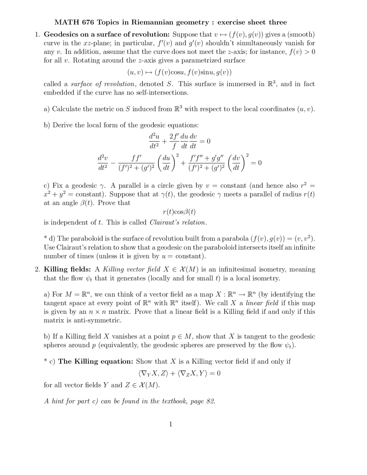 Topics in Riemannian Geometry : Exercise Sheet 3 | MATH 676 - Docsity