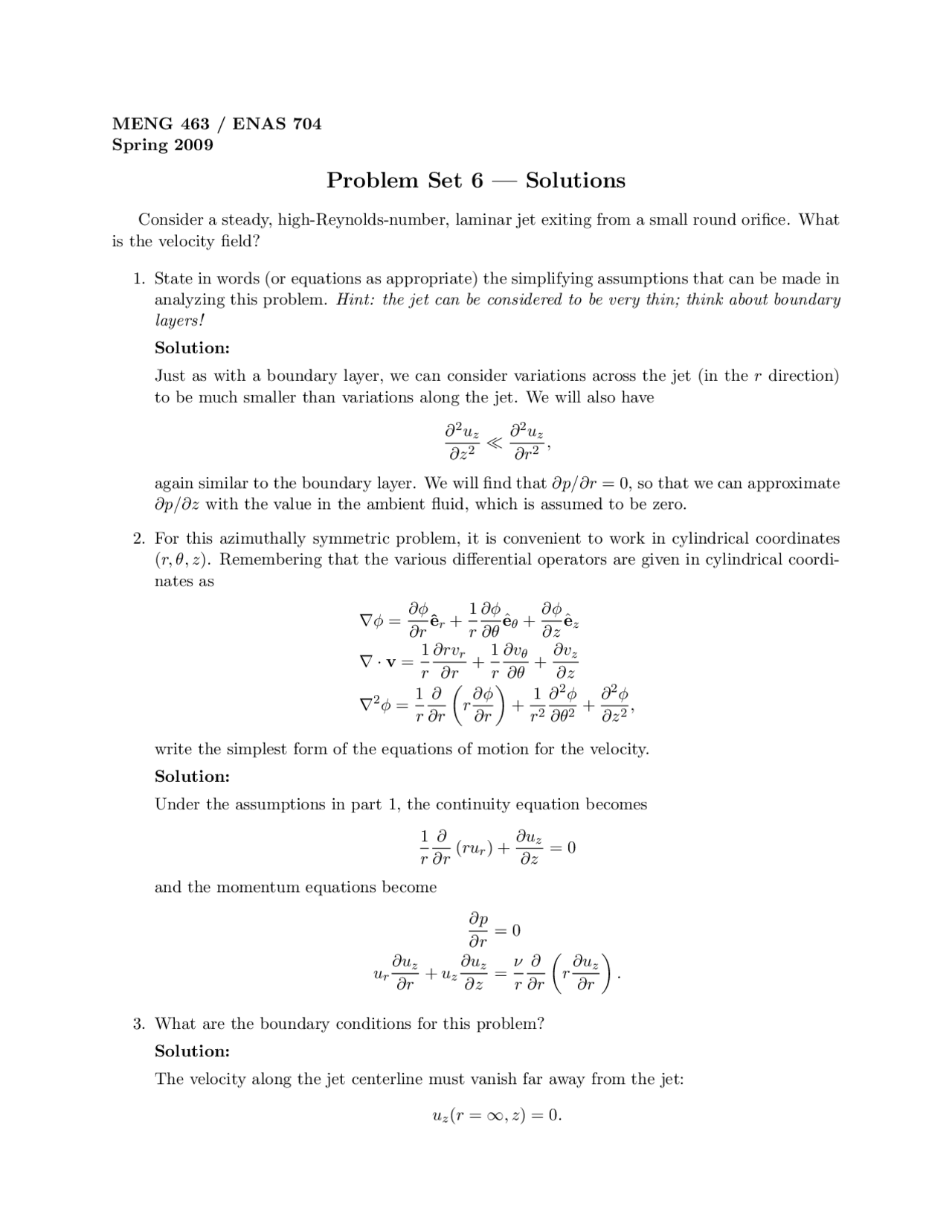 Problems Set 6 Solutions Theoretical Fluid Dynamics Meng 463 Docsity