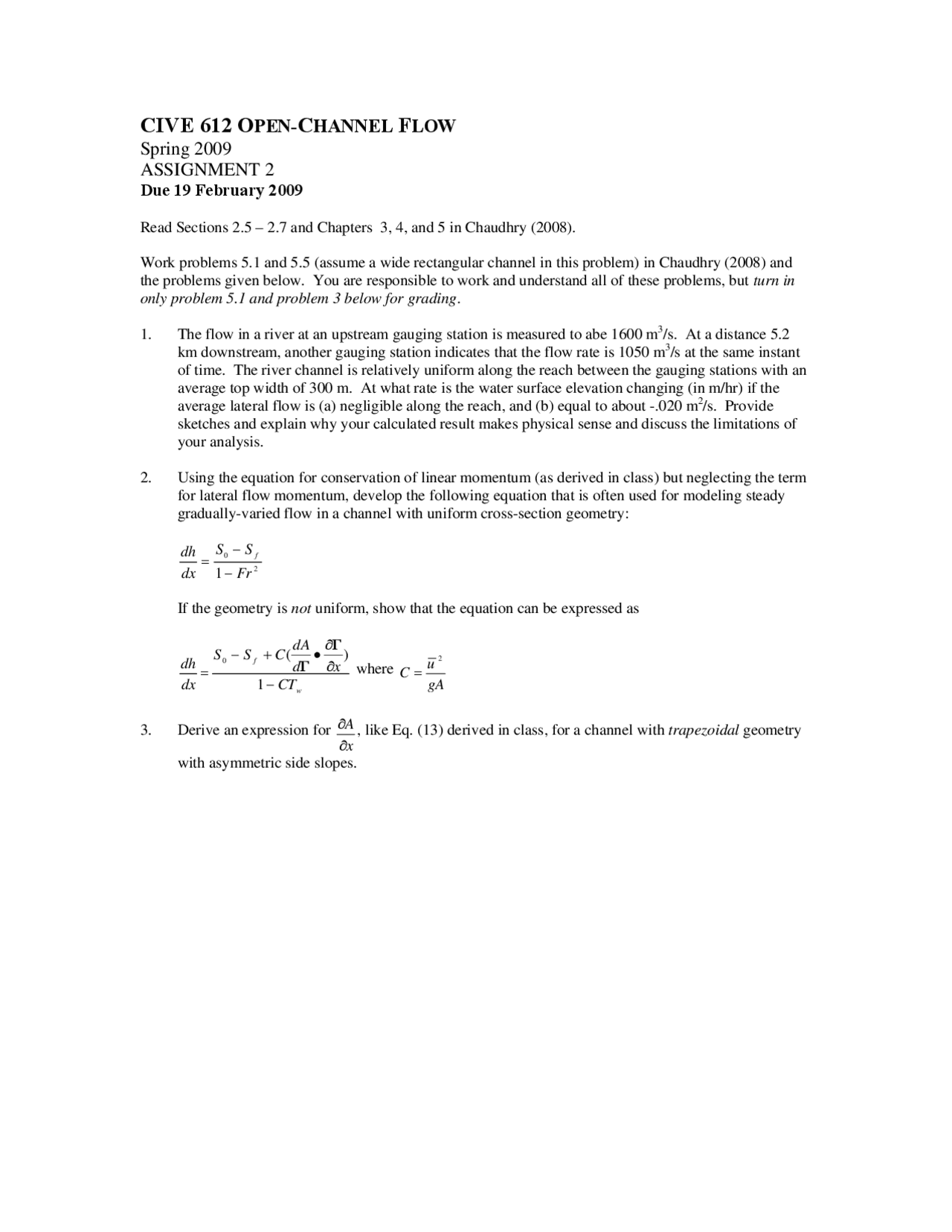 Study Guide for Assignment 2 - Open Channel Flow | CIVE 612 | Assignments Hydraulics | Docsity