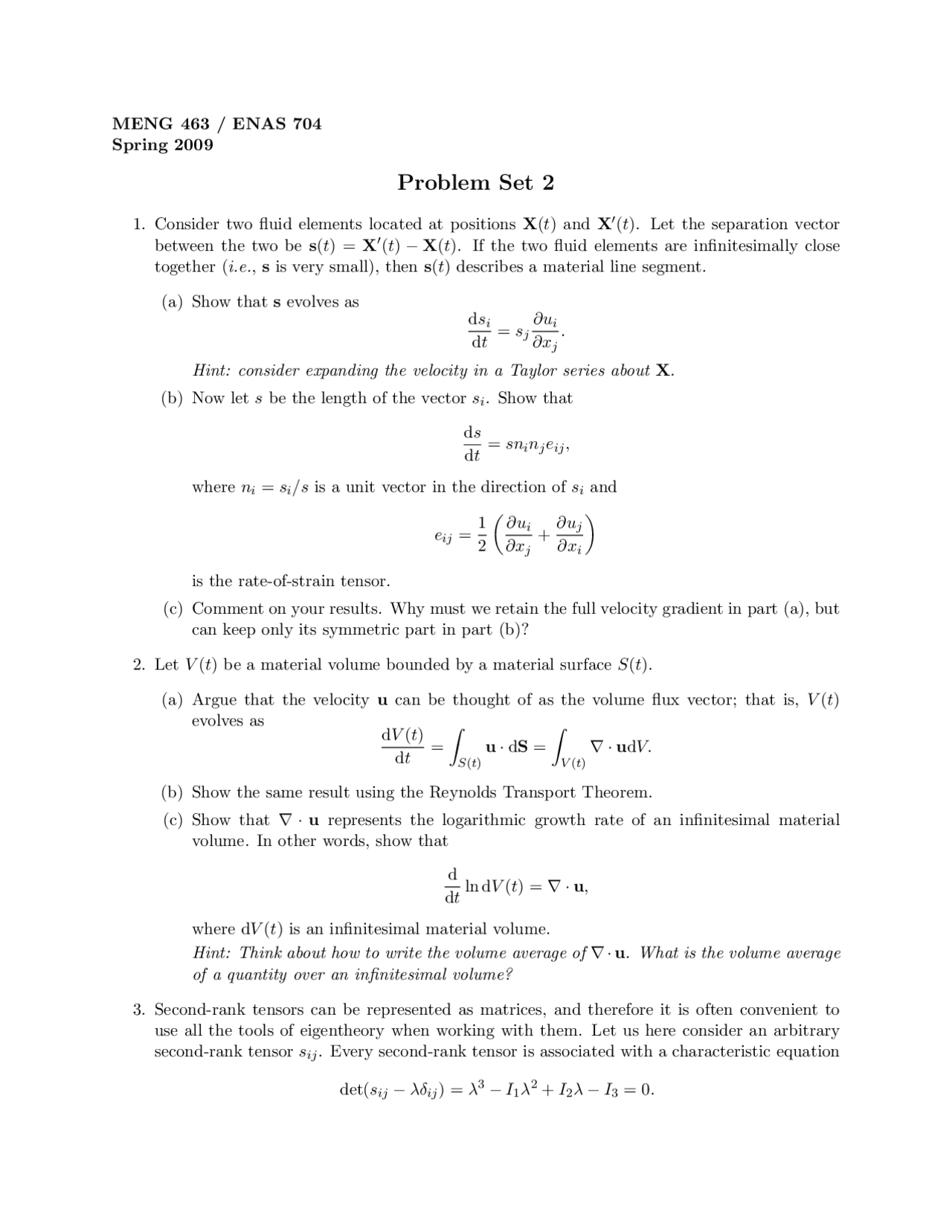 Problem Set 2 Theoretical Fluid Dynamics Meng 463 Docsity