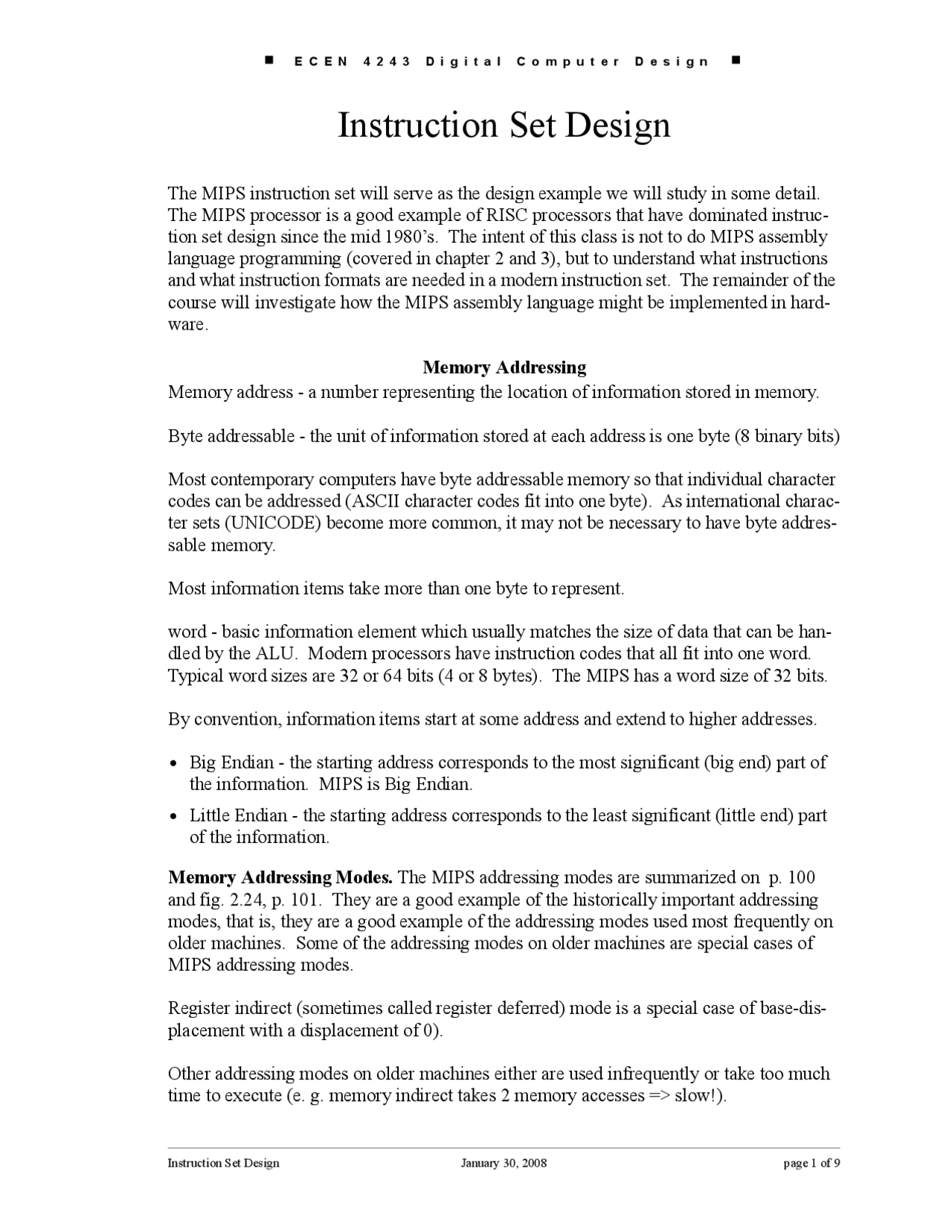 Instruction Set Design - Digital Computer Architecture | ECEN 4243 - Docsity