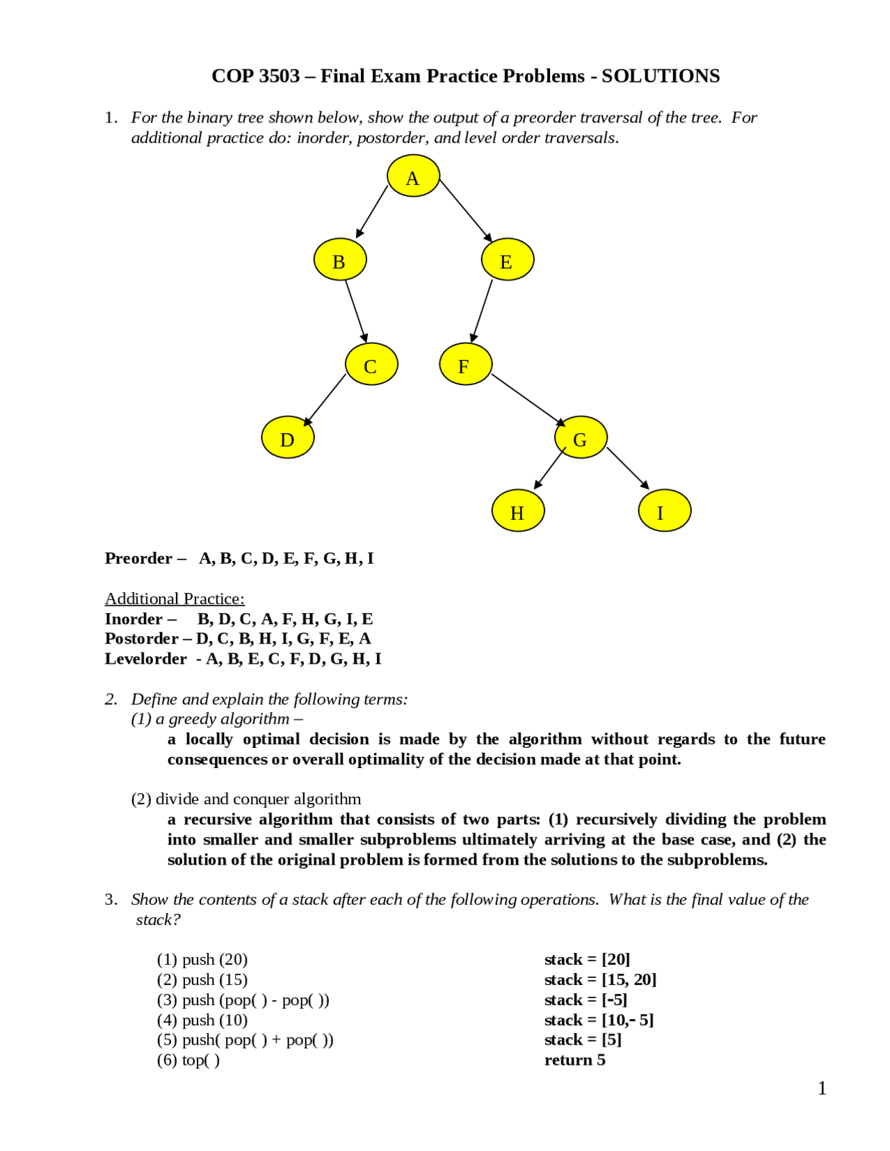 Final Exam Practice Problems Solutions Computer Science Ii Cop 3503 Exams Computer Science 