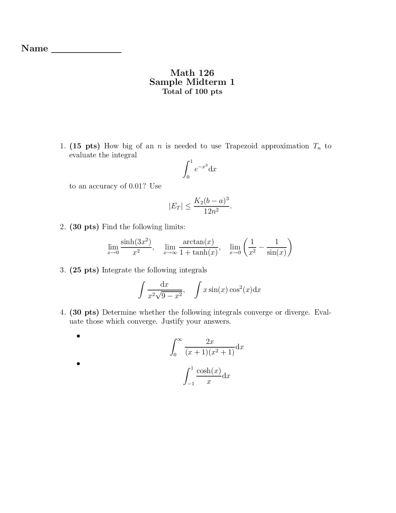 4 Questions on Calculus II in Sample Midterm Exam 1 | MATH 126 - Docsity