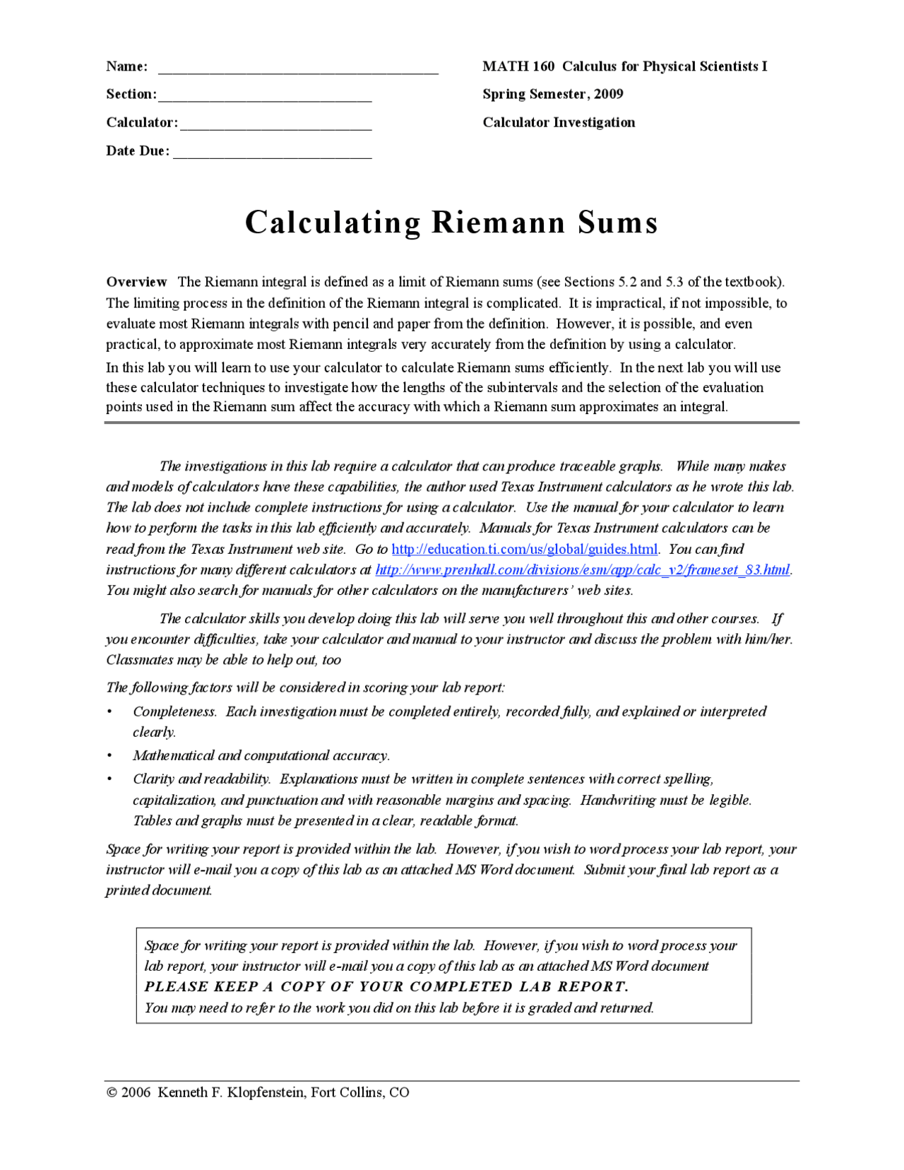 Calculating Riemann Sums - Calculator Lab 7 | MATH 160 | Lab Reports ...