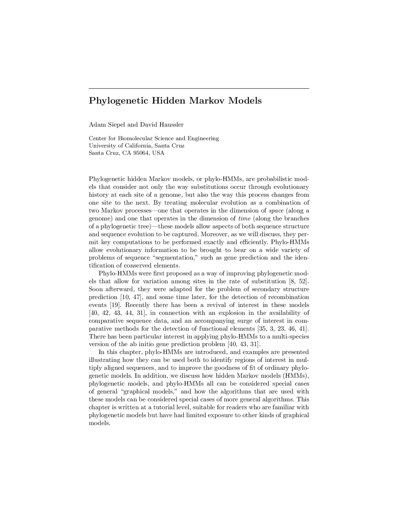 Lecture Notes On Phylogenetic Hidden Markov Models Bioinformatics