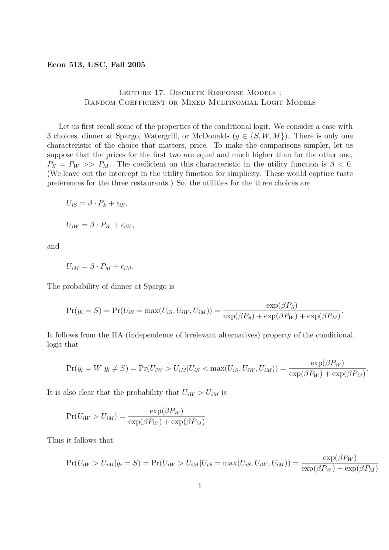 Solved Problems on Mixed Multinomial Logit Models | ECON 513 - Docsity