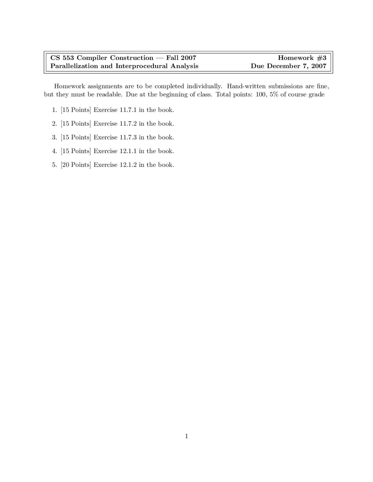 Parallelization And Interprocedural Analysis Homework 3 Fall 2007