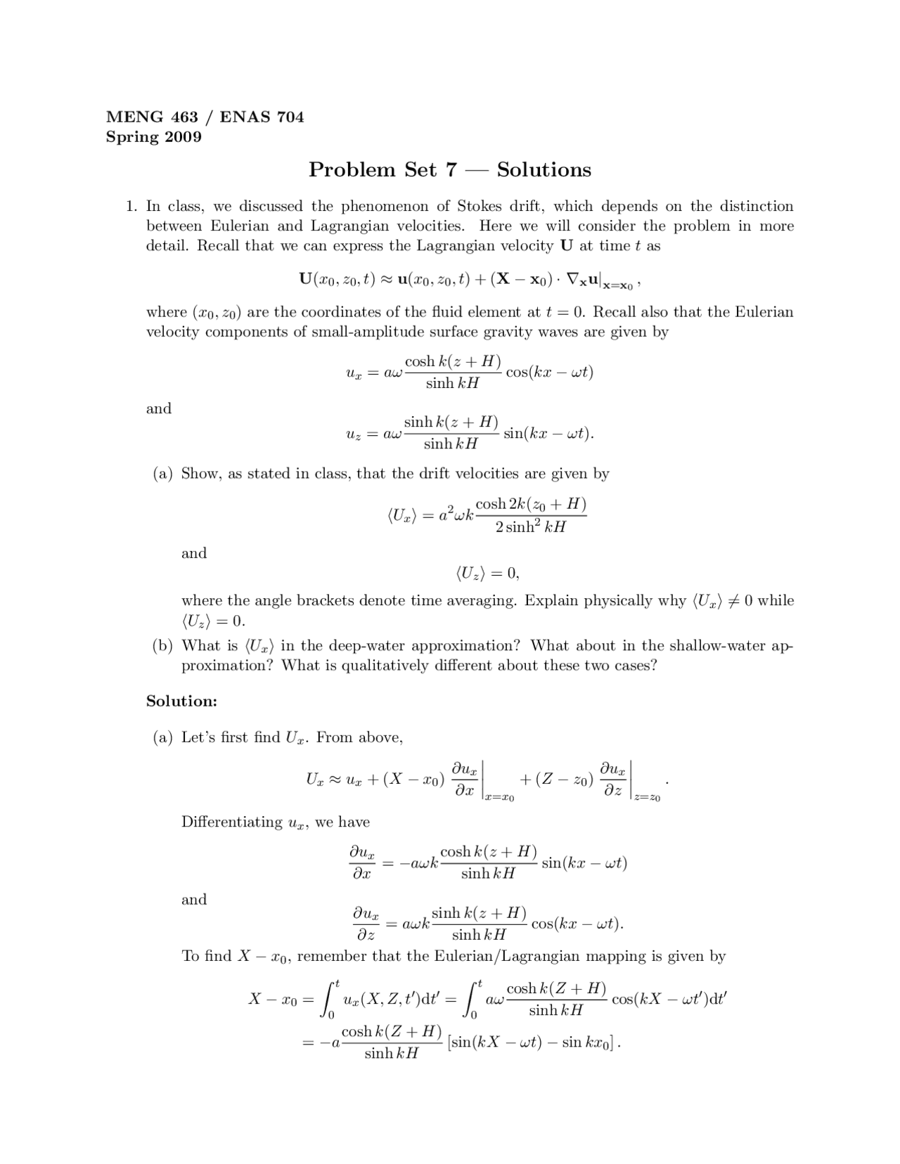 Problem Set 7 Solutions For Theoretical Fluid Dynamics Meng 463 Docsity