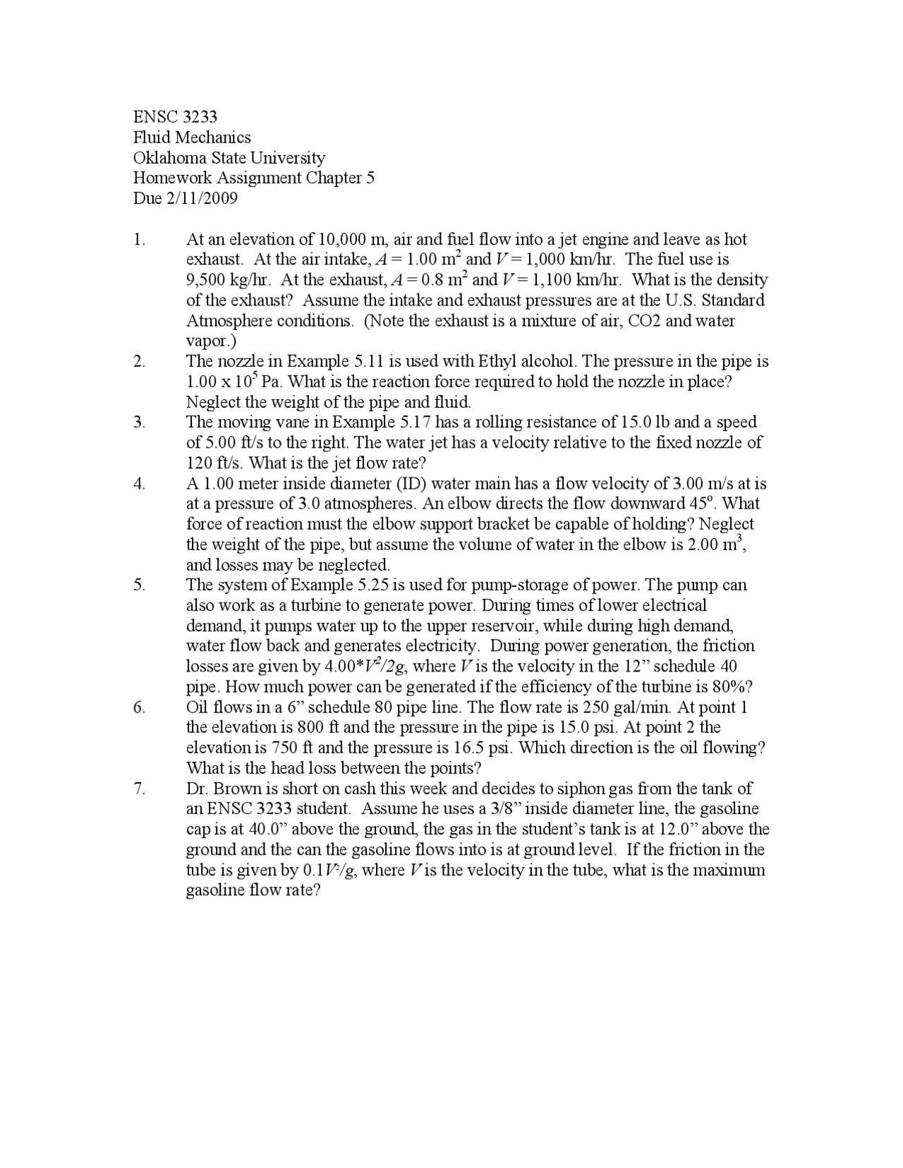 Homework: Chapter 5 - Fluid Mechanics | ENSC 3233 - Docsity