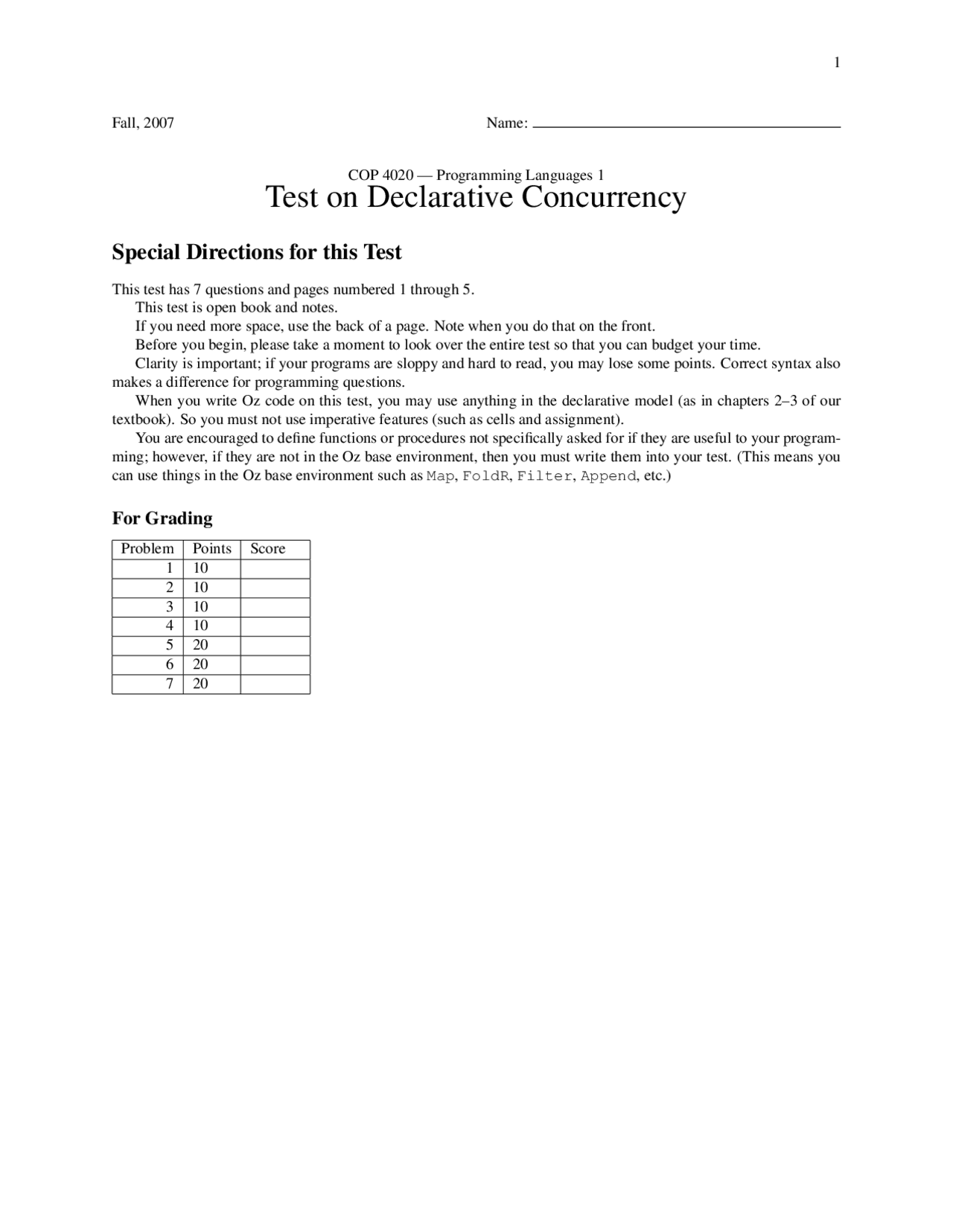 Declarative Concurrency Programming Languages I Test Iii Cop 4020