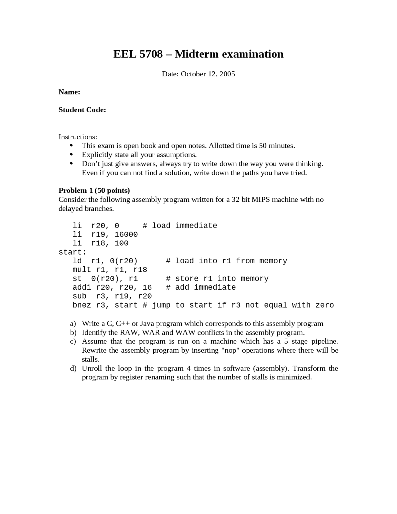 Midterm Exam For High Performance Computer Architecture Eel 5708