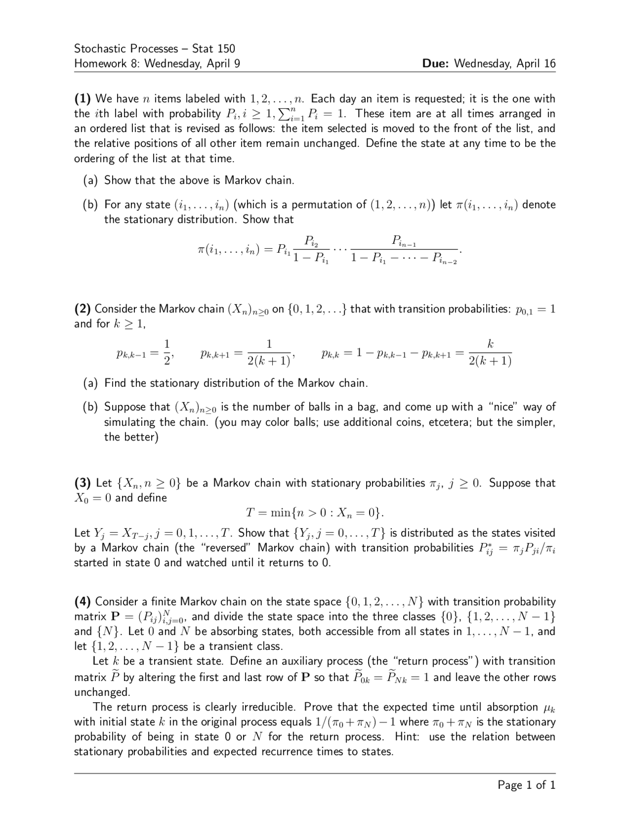 Homework 8 With 4 Practice Problems On Stochastic Processes Stat 150