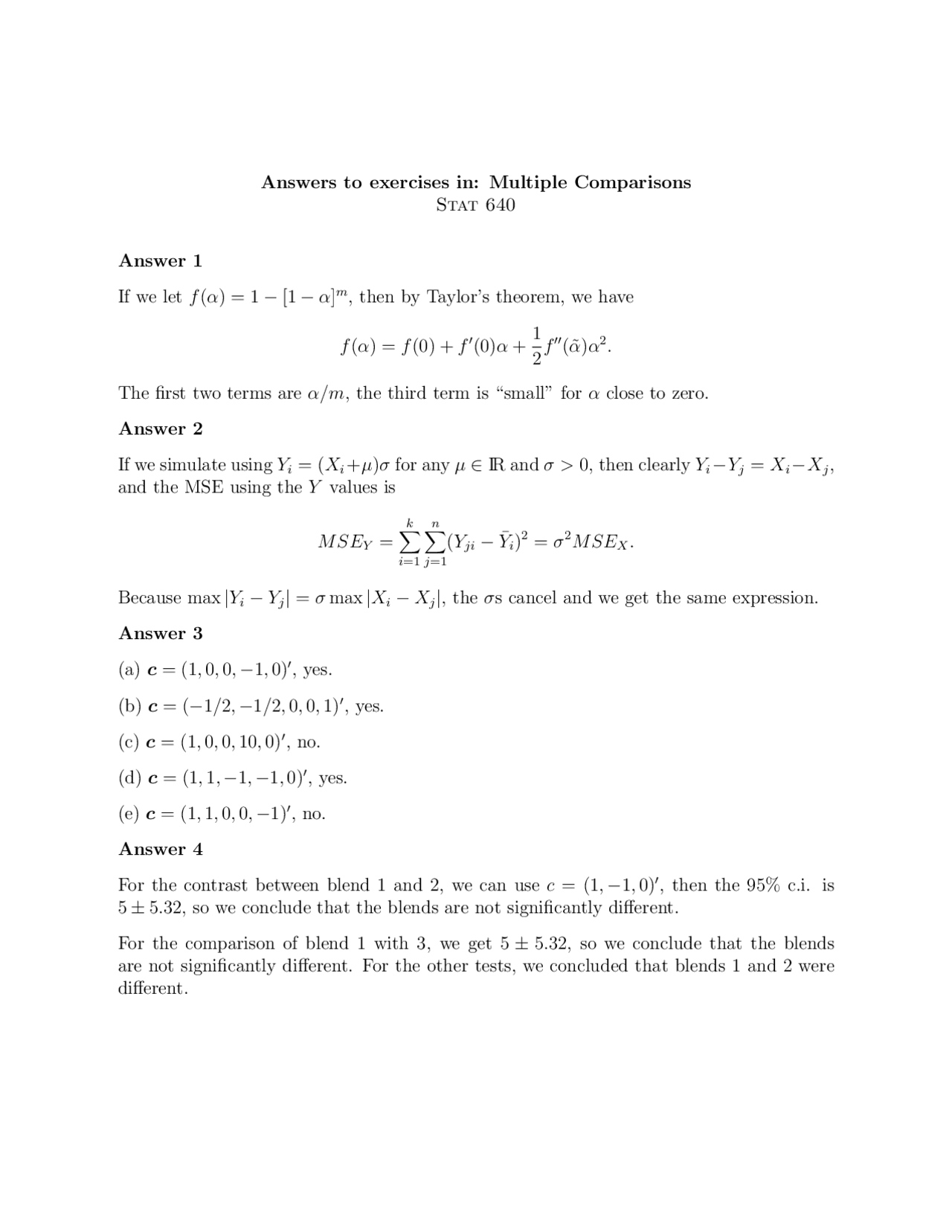 Answers To Multiple Comparisons Design And Linear Modeling I Stat