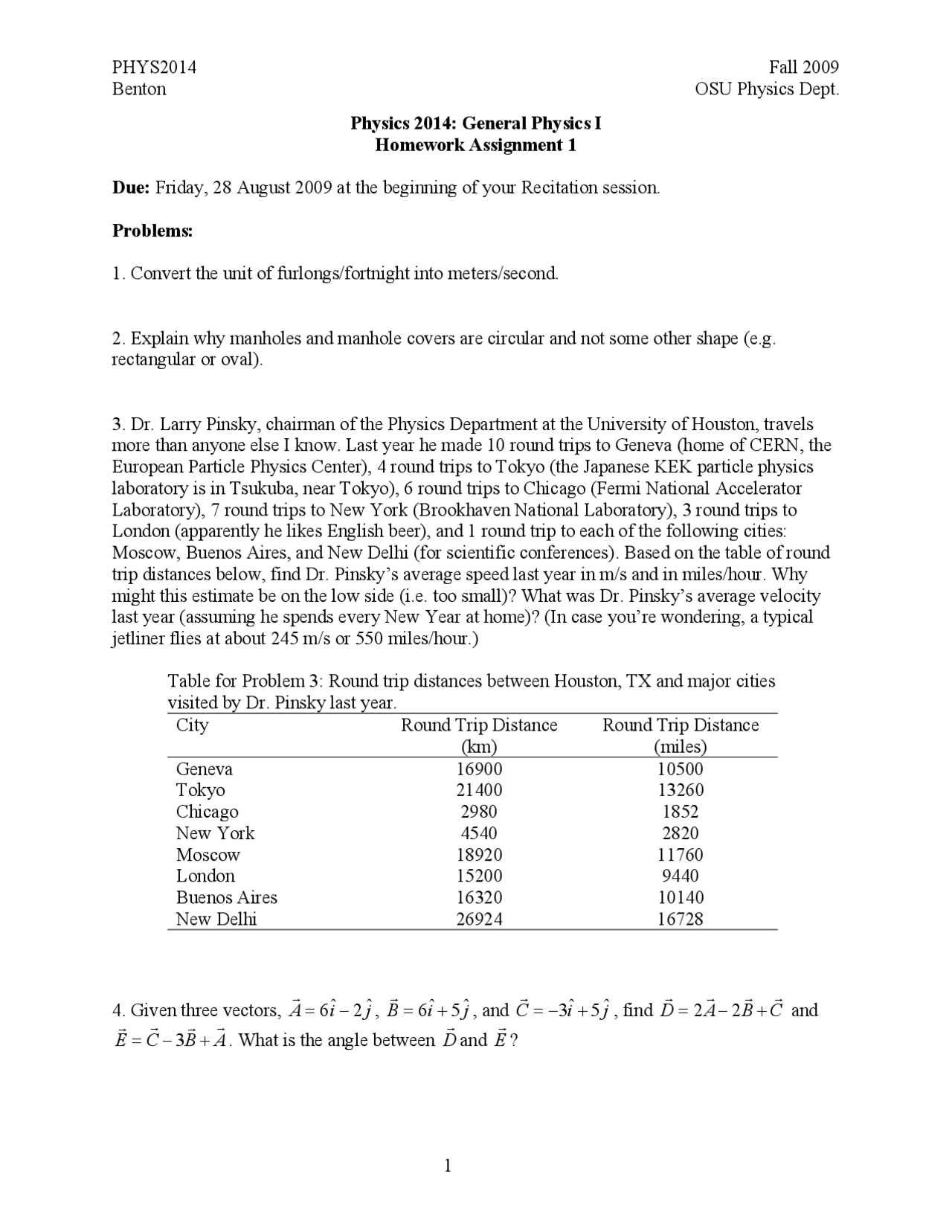Assignment 1 Problems General Physics Phys 2014 Docsity