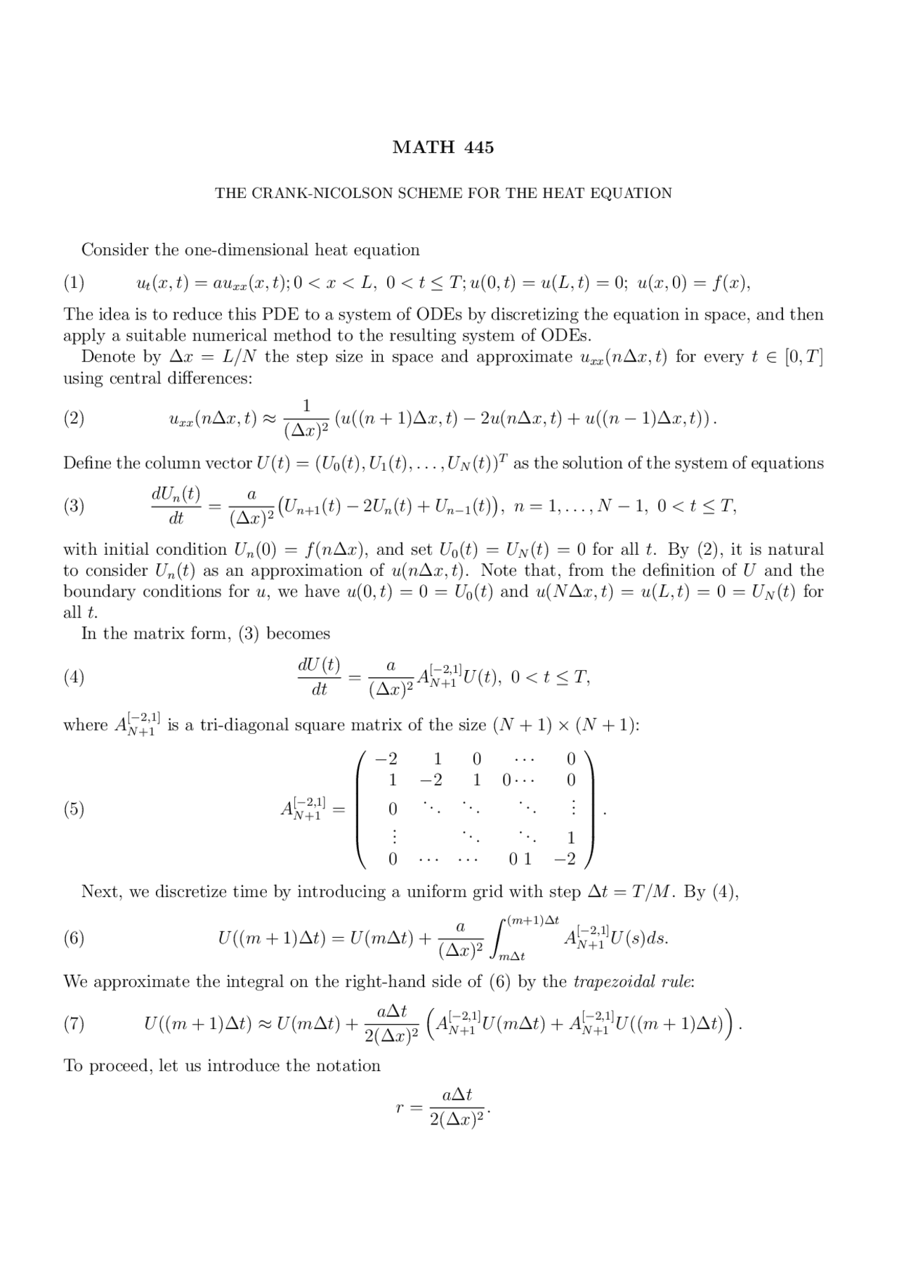 The Crank Nicolson Scheme for The Heat Equation - Lecture notes | MATH ...
