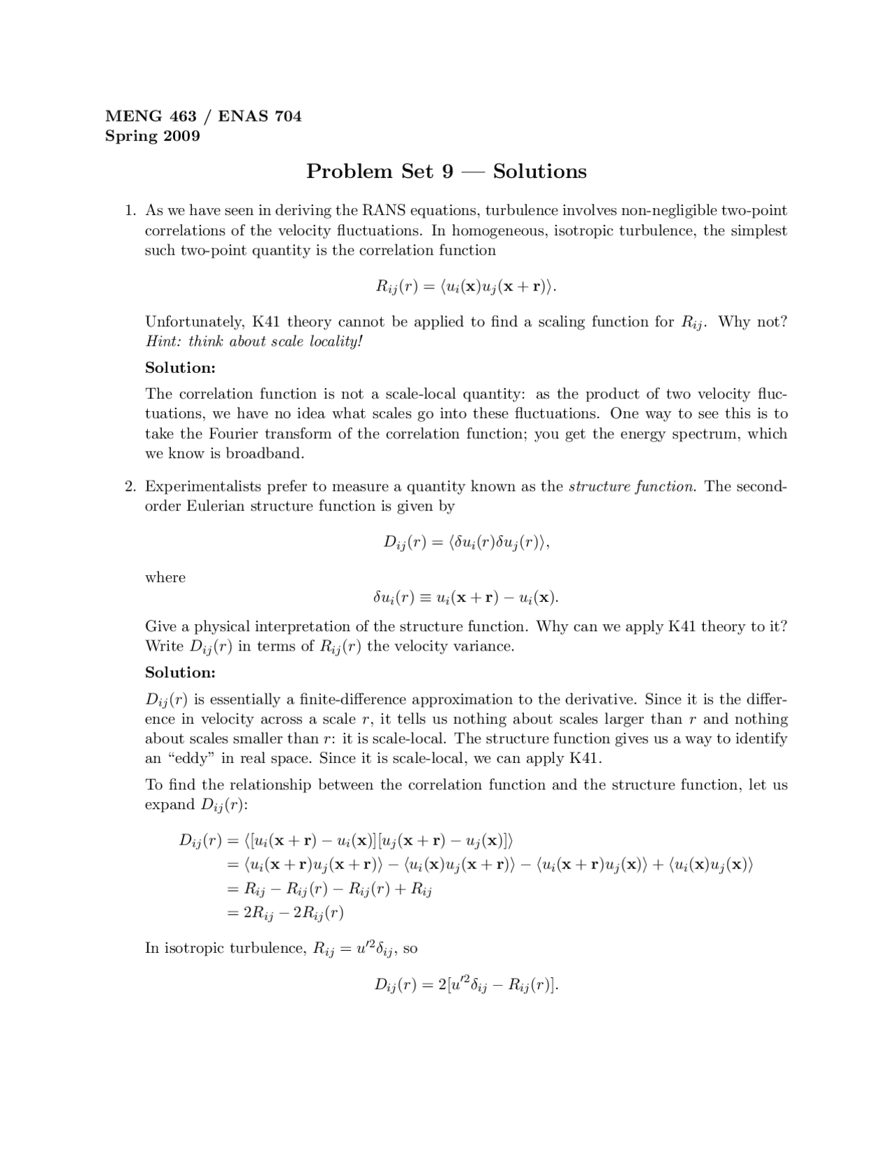 Theoretical Fluid Dynamics Problem Set 9 Solutions Meng 463 Docsity