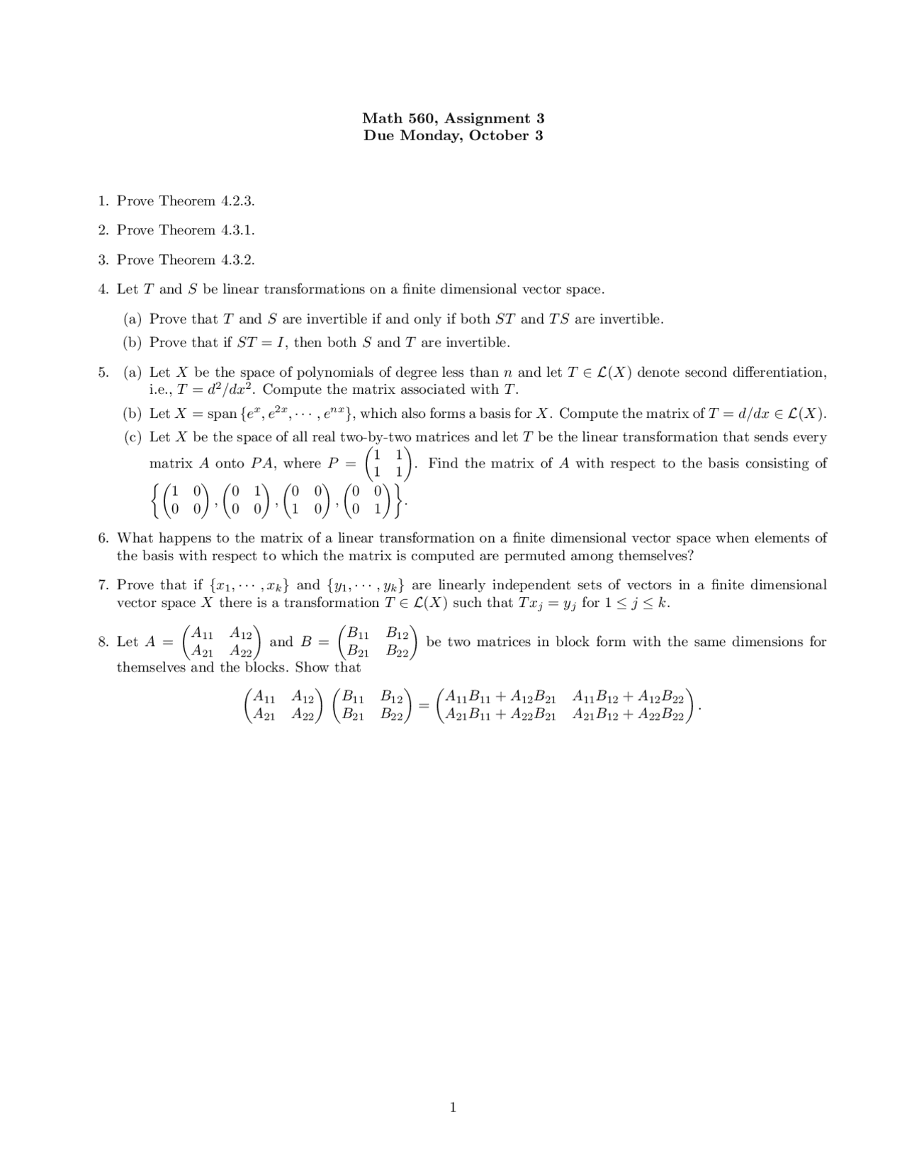 Practice Assignment 3 on Linear Algebra | MATH 560 - Docsity
