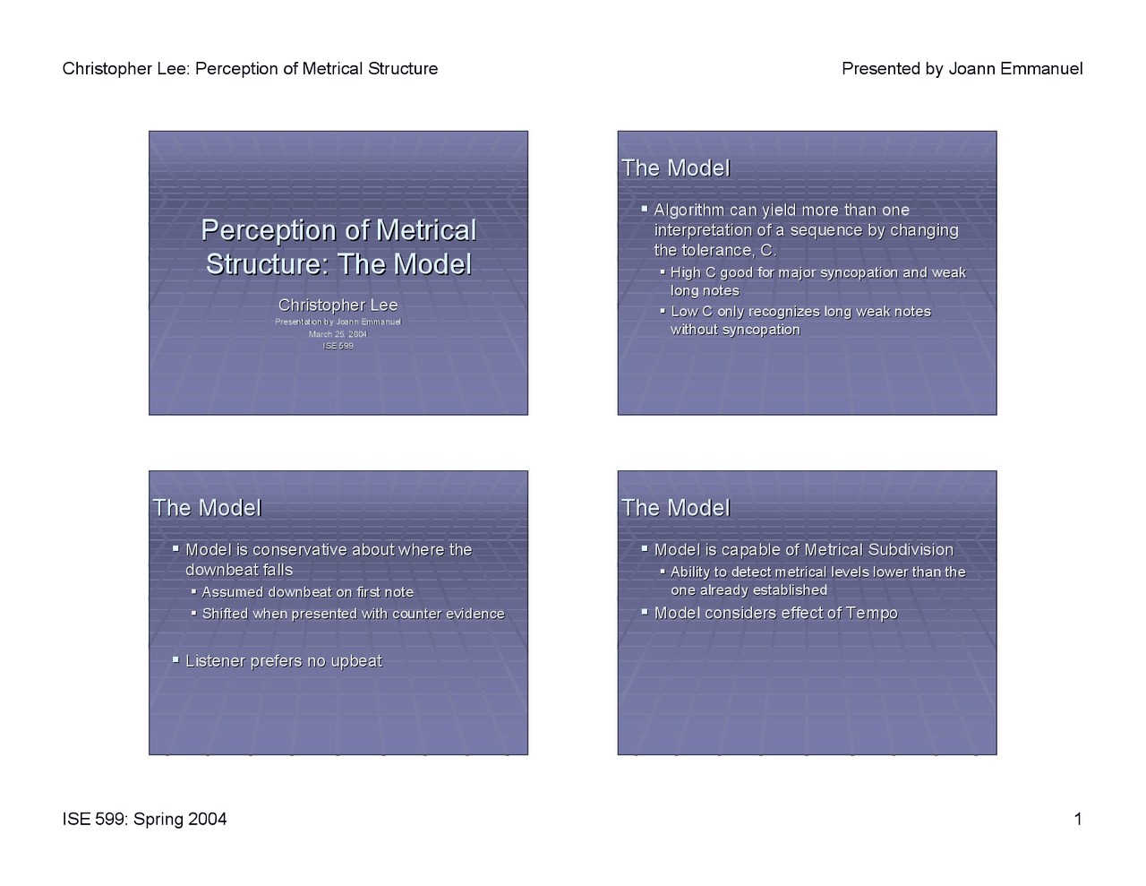 Lecture Slides On Perception Of Metrical Structure The Model Ise 599